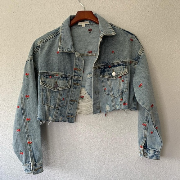 Princess Polly | Jackets & Coats | Cherry Cropped Denim Jacket | Poshmark